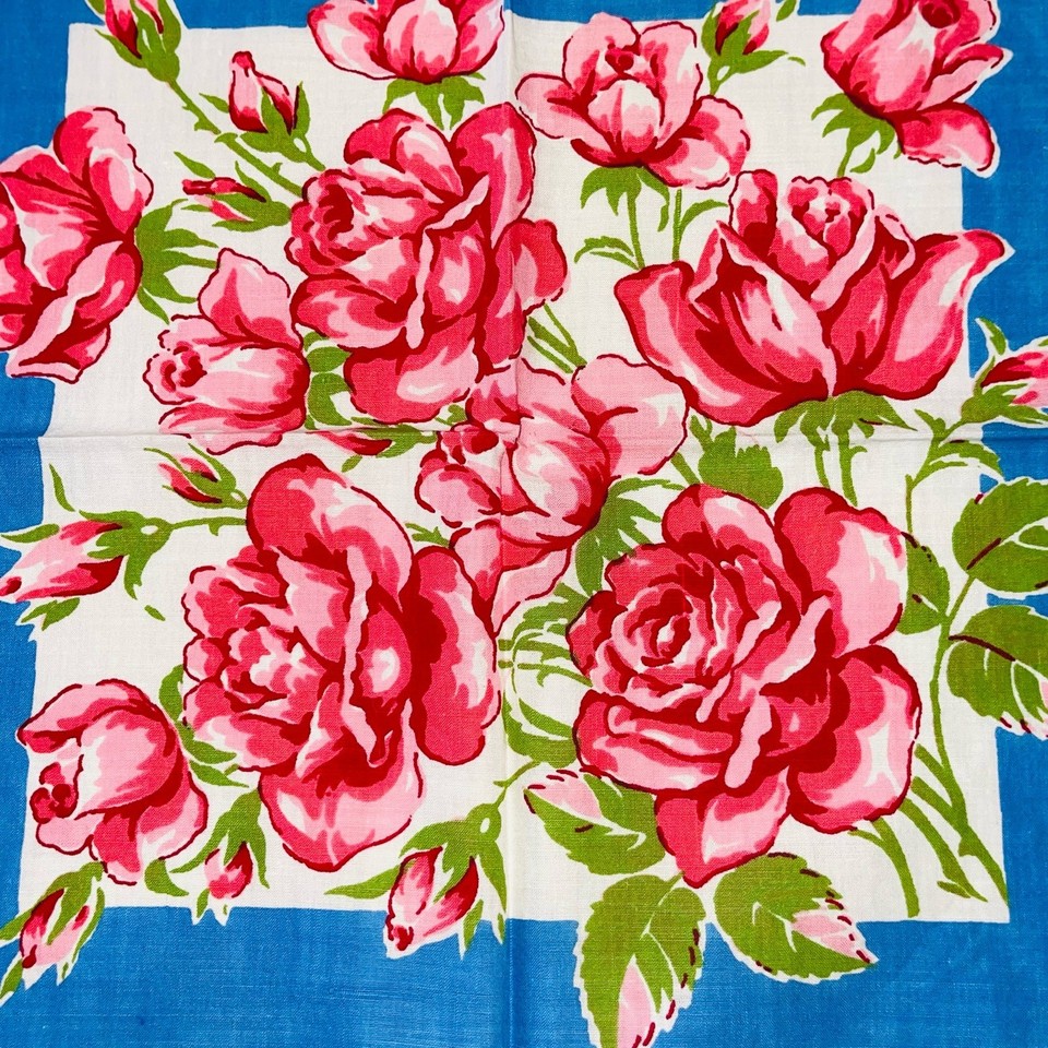Pink Roses Handkerchief Rolled Edges Blue Vintage Rose Cottage 13 x 13 ...