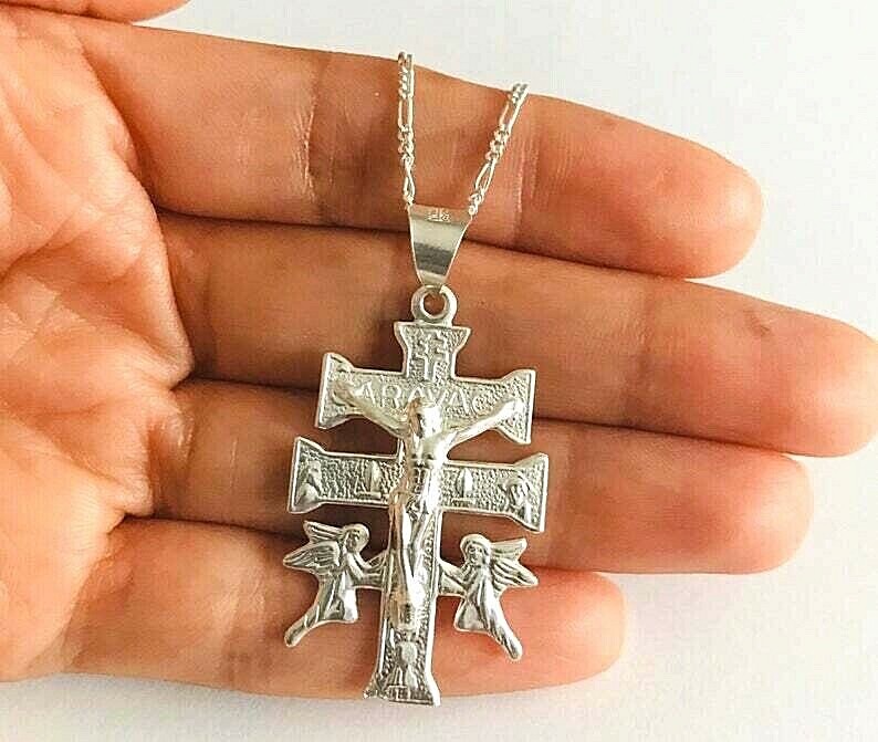 925 Silver Caravaca Cross Necklace 18"/ Cadena Cruz Caravaca plata ...