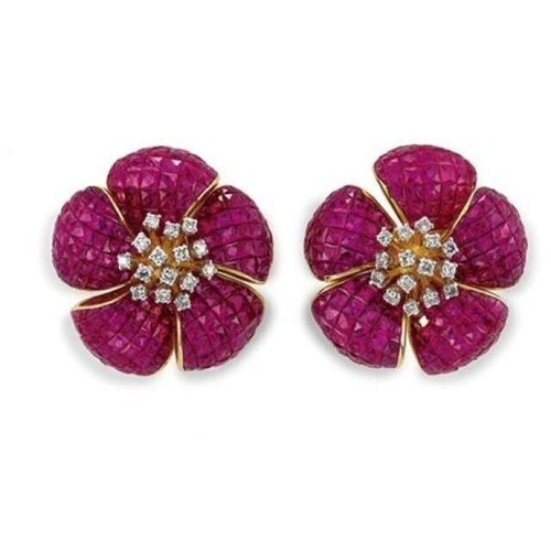 Lab Ruby Invisible Set Stud Earrings 925 Sterling Silver Flower Design ...
