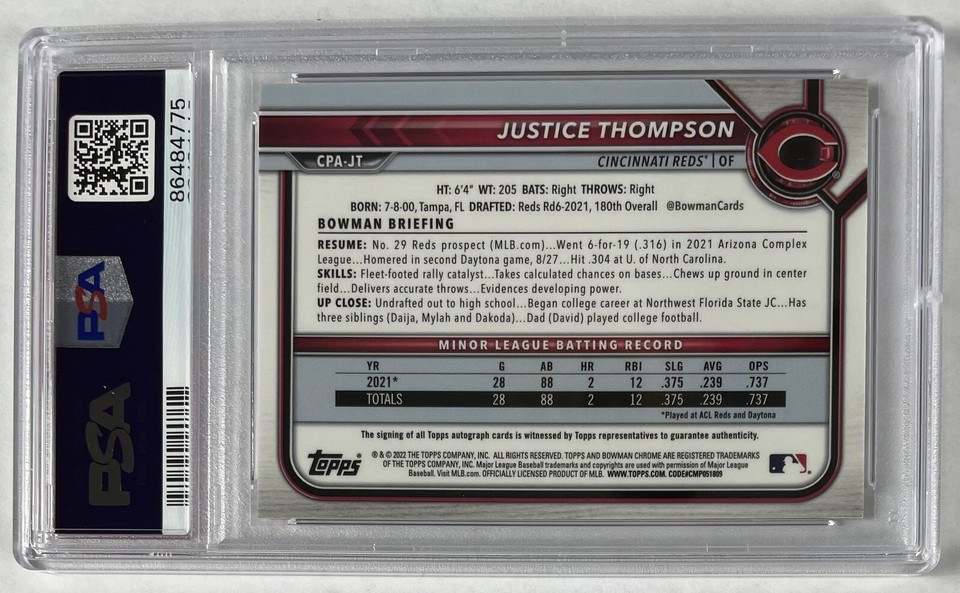 Justice Thompson 2022 Bowman Chrome 1st Prospect Autograph Reds Auto ...