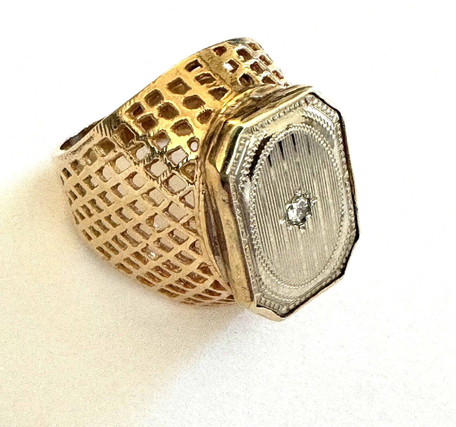 14K Gold Reticulated Basket Weave Ring Men Diamond St… - Gem