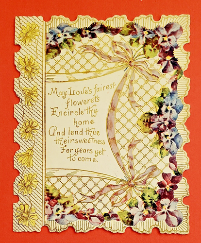 VICTORIAN VALENTINE'S DAY CARD, 1880's ANTIQUE, UNUSED-PANSIES, DAISIES ...