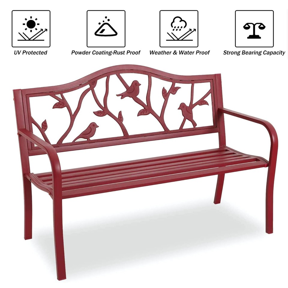 50" Nice Metal Bench Bird Design for Garden Front Back Yard Porch Heavy ...