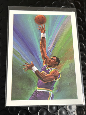 1990-91 NBA Hoops Basketball Karl Malone Checklist #380 Art by Ken ...