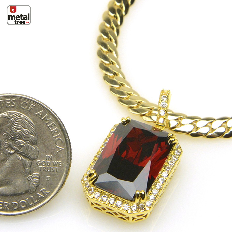 Men's Gold Plated Red Pendant 20" Miami Cuban Chain Necklace BCH 11174 ...