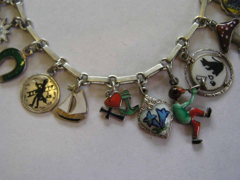 RARE VINTAGE ANTIQUE GERMAN SILVER ENAMEL LUCKY CHARM BRACELET 20 ...