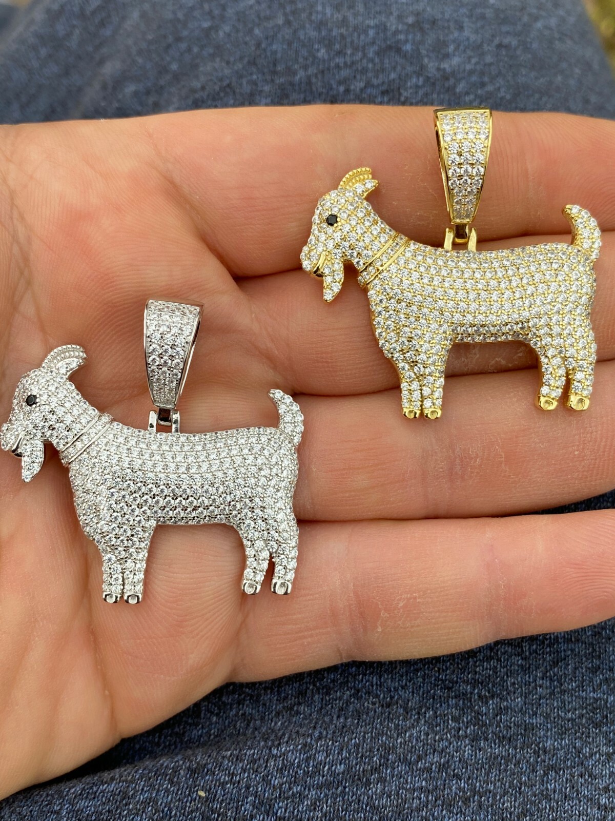 Real Solid 925 Sterling Silver GOAT Pendant Bling Necklace Iced Gold ...