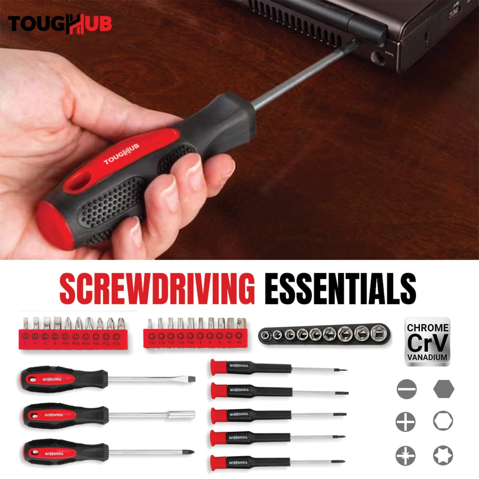 Red 56 Pcs Tool Kit For Home Repair Tool Set With Hammer, Screwdriver ...