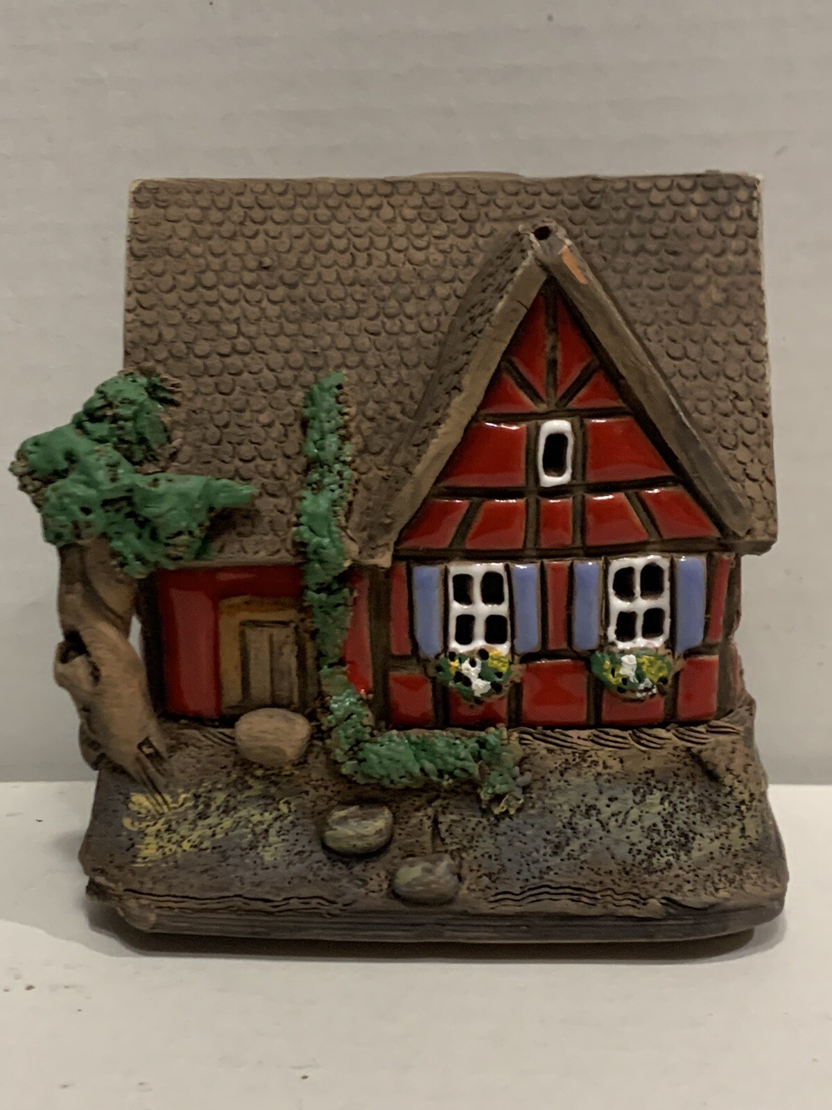 NEW Handmade Clay Ceramic Miniature RED COTTAGE Tealight Candle House ...
