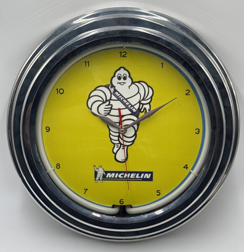 Michelin Man Tires Blue Neon 15" Chrome Wall Clock TESTED WORKING | eBay