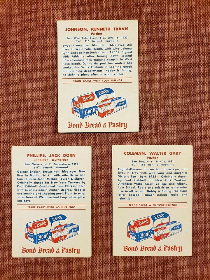 1958 BUFFALO BISONS BOND BREAD RIP COLEMAN KEN JOHNSON PHILLIPS ...