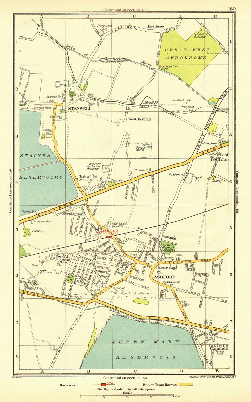 ASHFORD STAINES-UPON-THAMES. Stanwell Feltham Heathrow Bedfont 1937 old ...