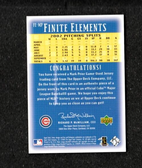 Jersey (stripe) MARK PRIOR 2003 Upper Deck FINITE ELEMENTS #FE-MP Cubs ...
