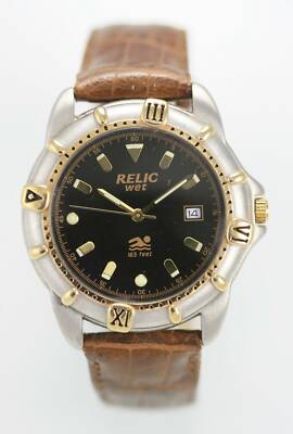 Relic Mens Watch Black Date Stainless Steel Silver Gold Leather Brown ...