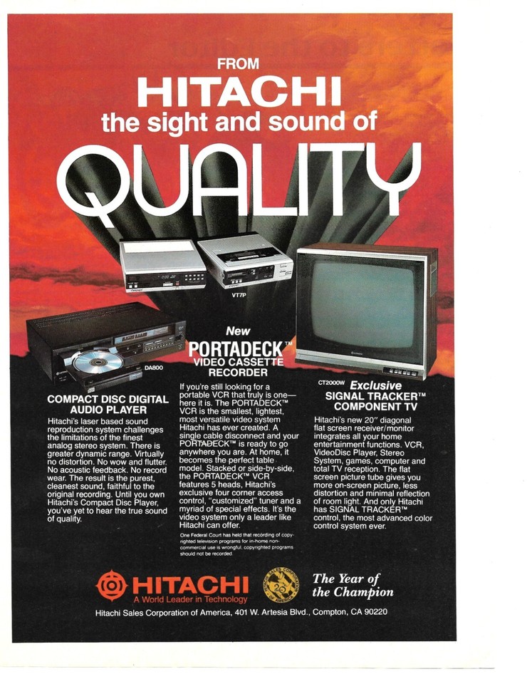 1980'S HITACHI VCR TV CD PLAYER PRINT AD 1980S Electronics Technology ...