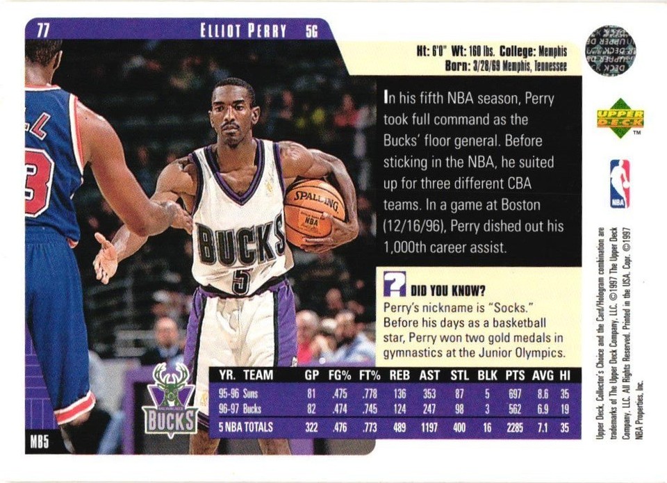 Elliot Perry Upper Deck Collectors Choice 1997 Card #77 Milwaukee Bucks ...