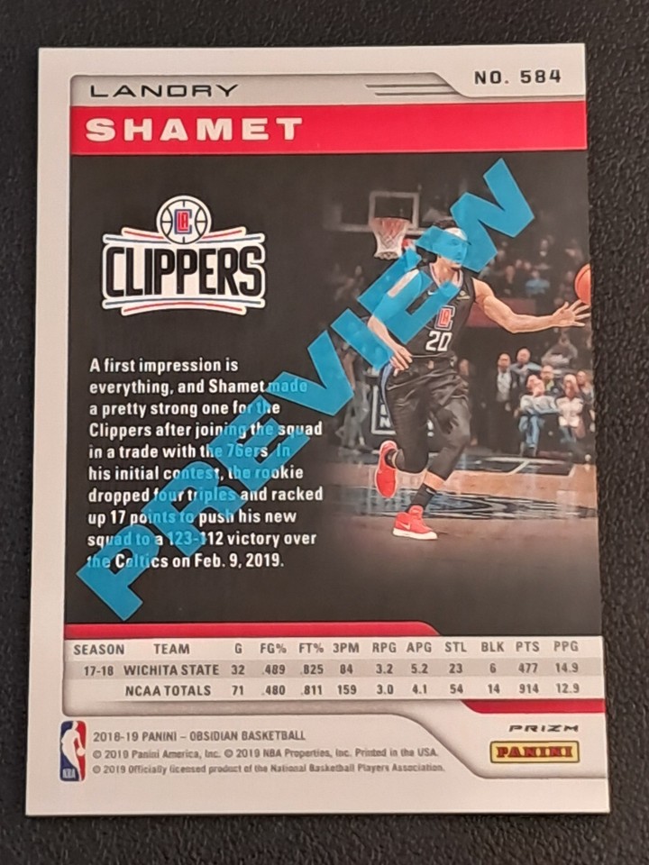 Landry Shamet RC Silver Prizm Preview 2018-19 Panini Obsidian #584 ...
