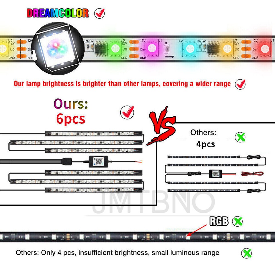 6pc Dream RGB Color Multicolor Underglow LED Kit Car Neon Strip Light ...