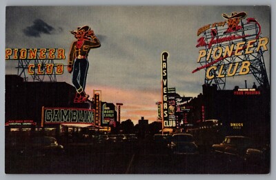 Postcard Nevada Las Vegas Pioneer Club Howdy Podner Sign Evening View ...
