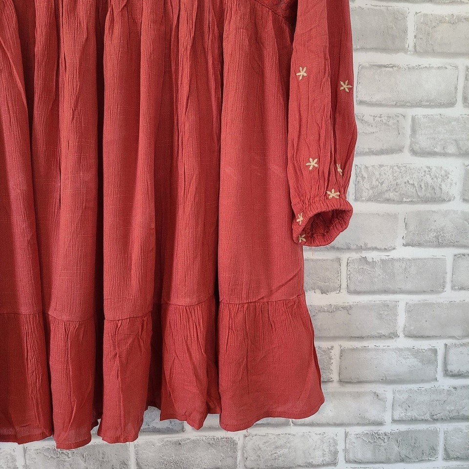 In Loom Rust Embroidery Floral Ruffled Dress Cotton Gauze Boho Festival ...