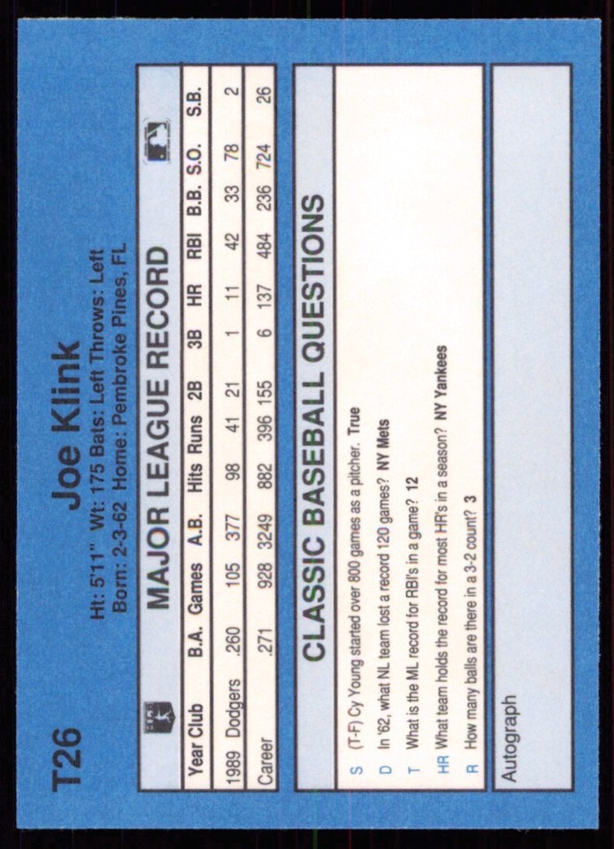 1990 Classic Yellow Joe Klink Oakland Athletics #T26 | eBay