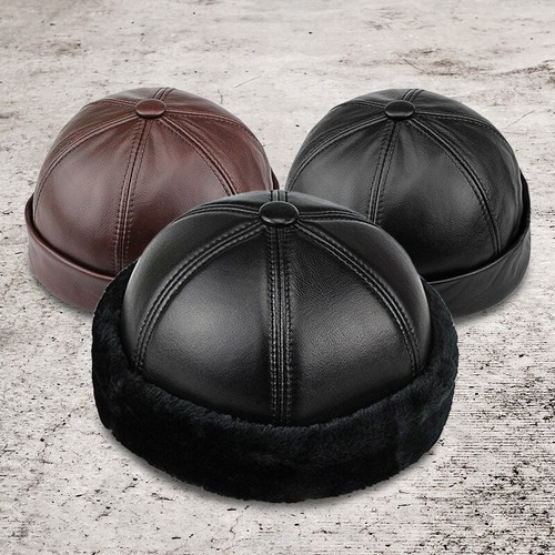 Men's Genuine Leather Winter Warm zucchetto Skullcap Beret Round Hat ...
