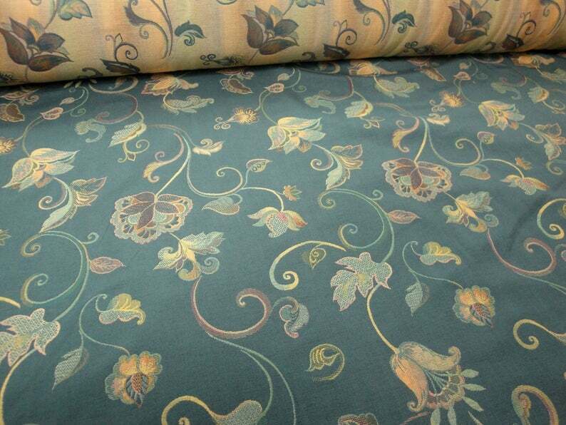 Leaf Pattern Geometric Floral Brocade Upholstery Fabric Yellow Teal ...