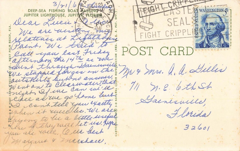 Jupiter, Florida Postcard Lighthouse Deep-Sea Fishing Boat PM 1969 M4 ...