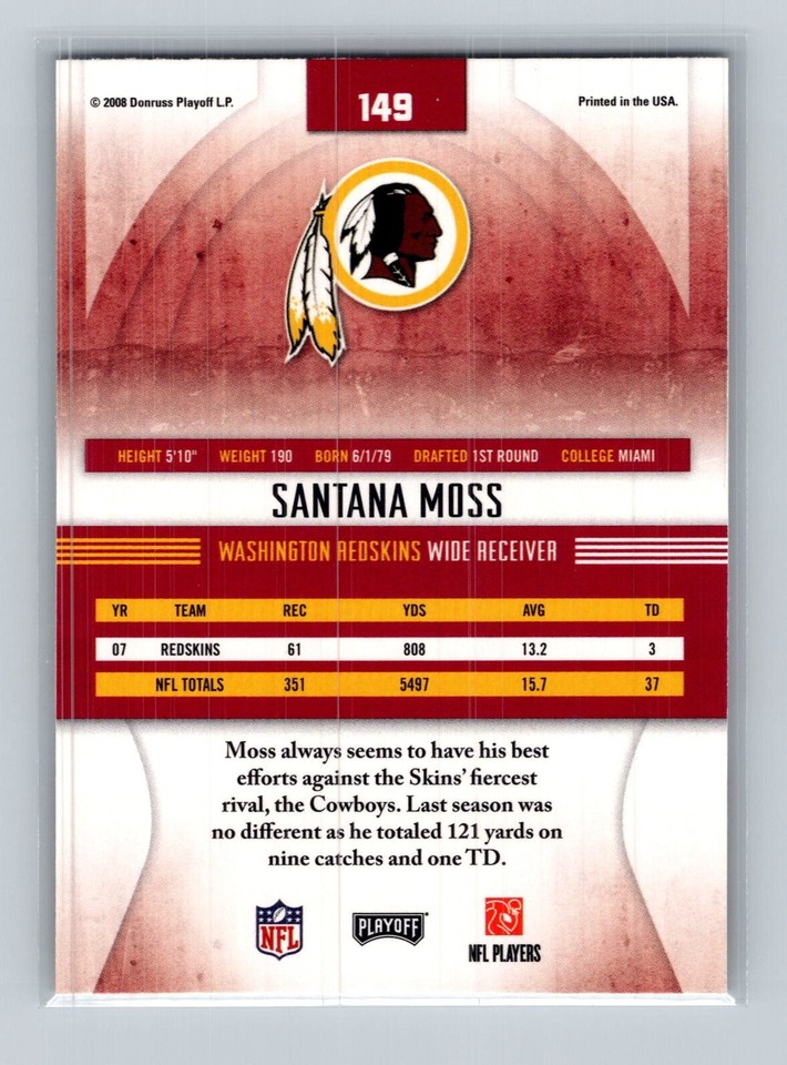 2008 Absolute Memorabilia #149 Santana Moss Washington Redskins ...