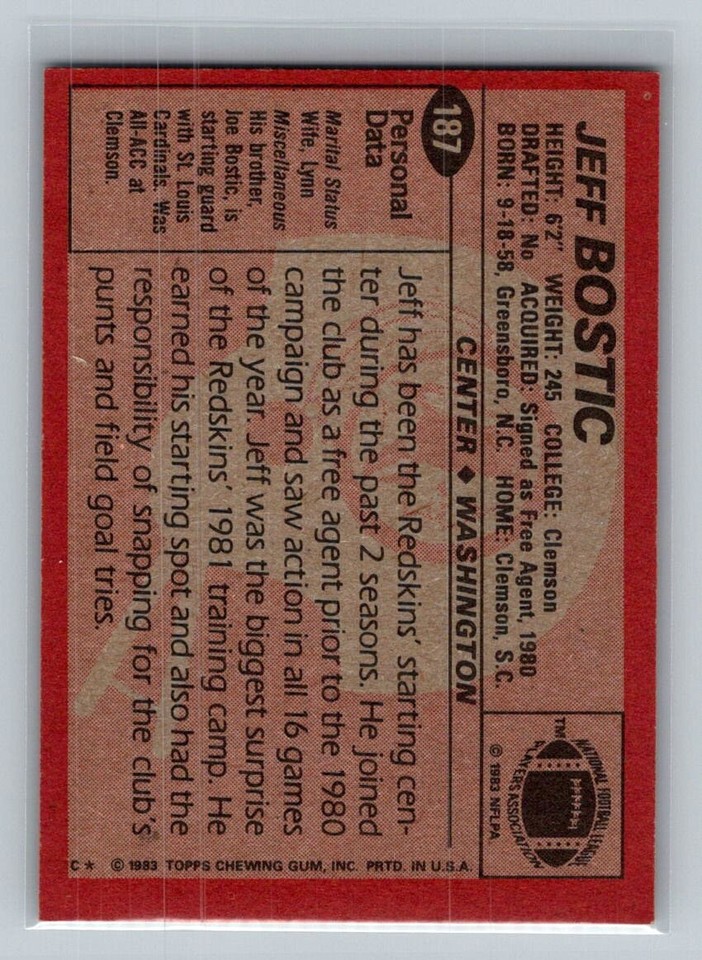 1983 NFL Topps Jeff Bostic #187 Washington Redskins 83-TFBC | eBay
