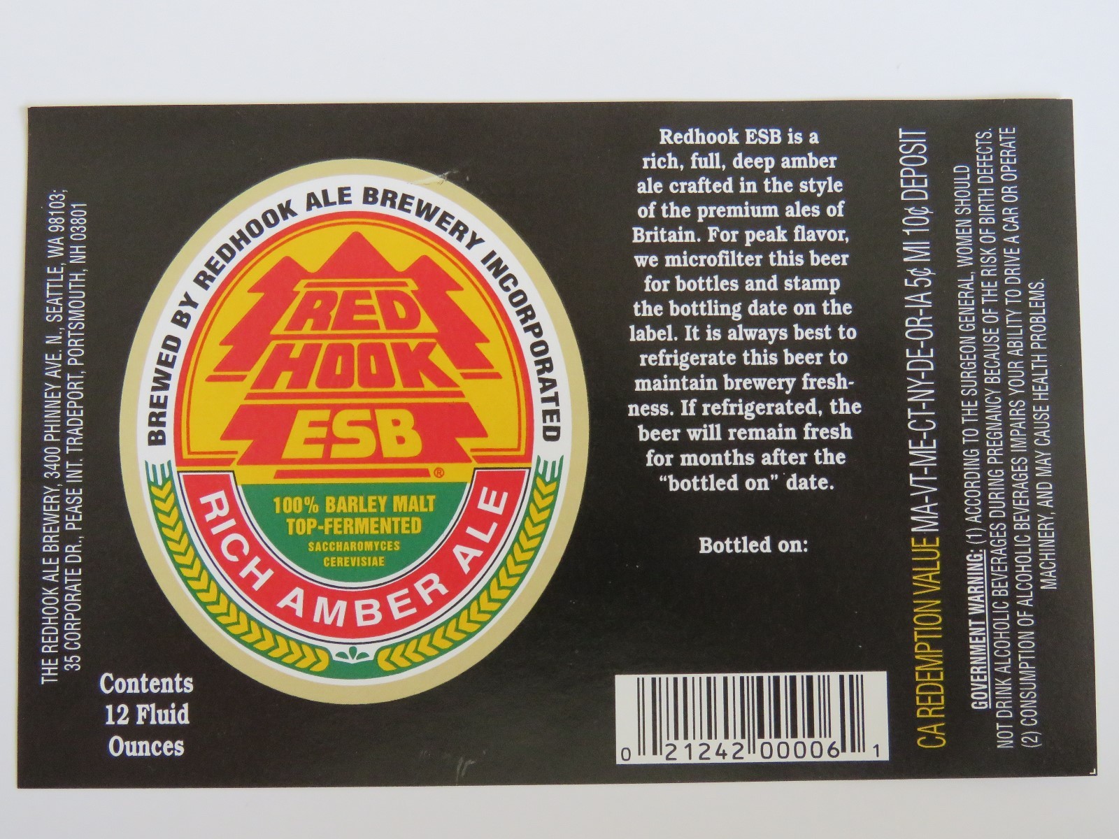 BEER LABEL ~ REDHOOK Brewery ESB Amber Ale ~ Seattle, WASHINGTON Since ...