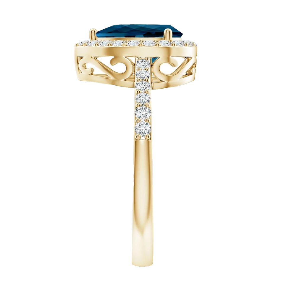 14K Solid Gold London Blue Topaz & Diamonds Halo Women's Ring Pear Cut ...