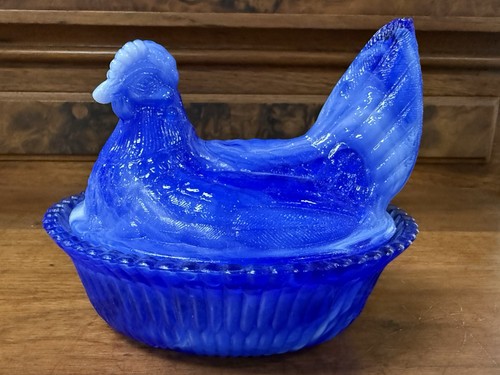 Hen on Nest Chicken Slag blue Glass Depression Style Candy Dish ...