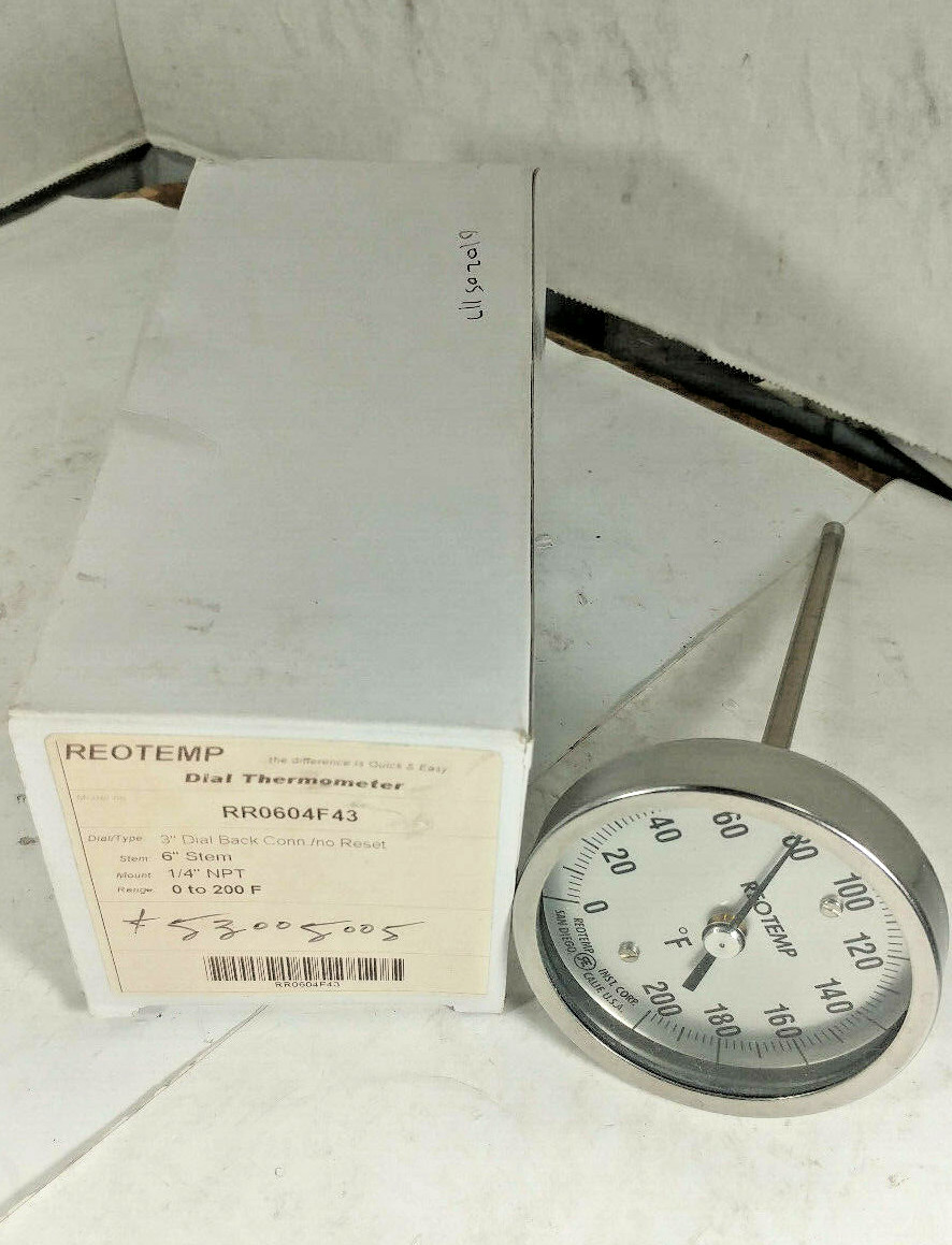 1 NEW REOTEMP RR0604F43 DIAL THERMOMETER 3" W/ 6" STEM 1/4"NPT 0-200F ...