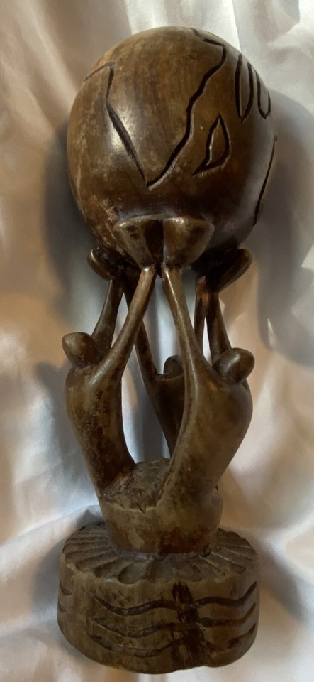 Unity Carved Wooden Statue 3 Men Holding Globe 8" | eBay