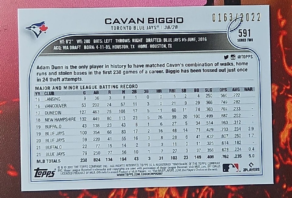 Cavan Biggio, #d 0163/2022, 2022 Topps Series 2, #591 Gold Parallel ...