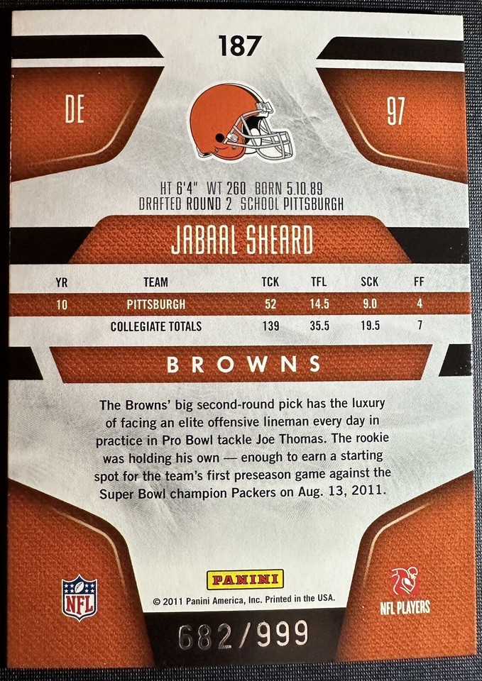 2011 Certified Football #187 Jabaal Sheard RC 682/999 Cleveland Browns ...