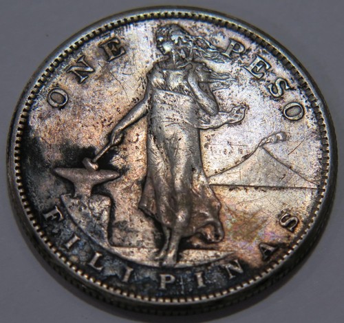PHILIPPINES ONE PESO 1908 S EAGLE SHIELD STANDING LIBERTY SILVER WORLD ...