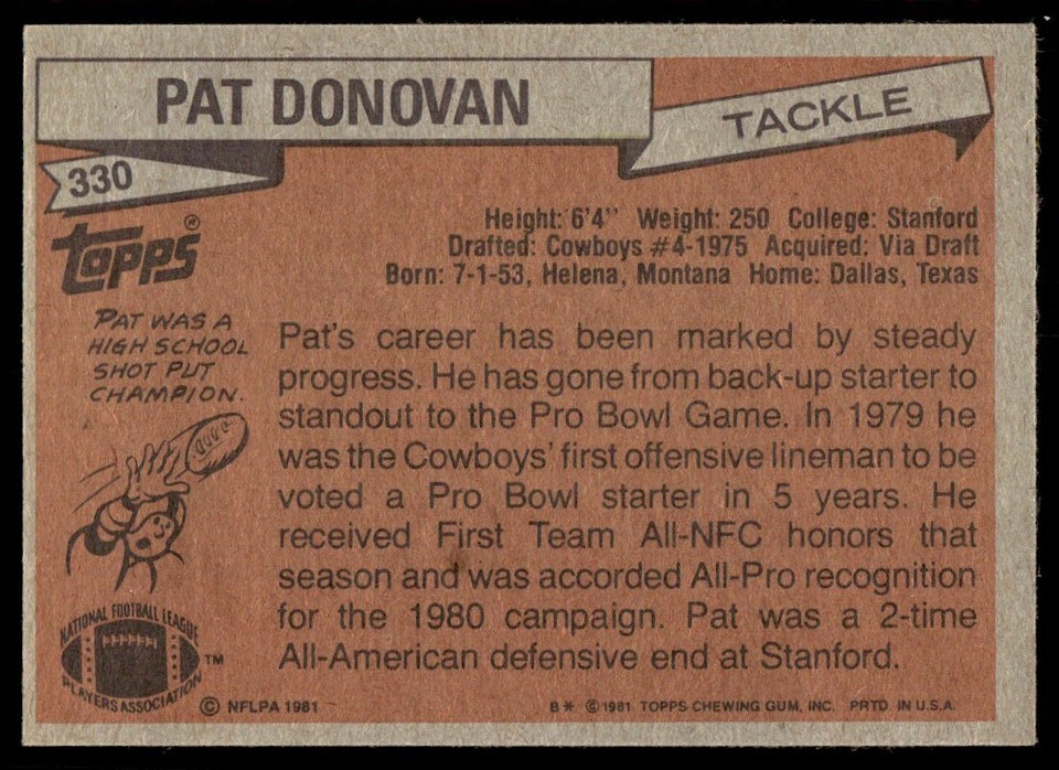 1981 Topps Pat Donovan Dallas Cowboys #330 | eBay