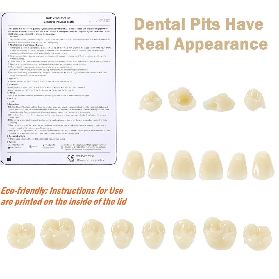 JMU Dental Acrylic Resin Denture Teeth A2 T8 Full Set False Teeth Upper ...