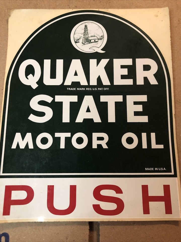 Original QUAKER STATE Motor Oil Glass Door Push Decal Tombstone Logo ...