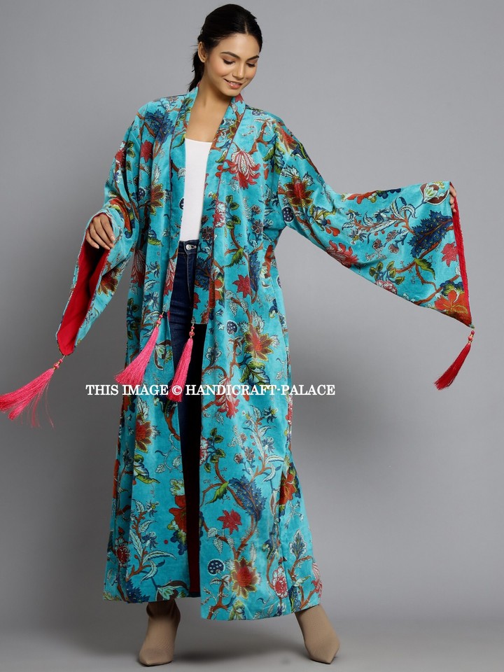Luxury Velvet Bird Printed Robe OFMD Long Kimono Depression Robe Gown ...
