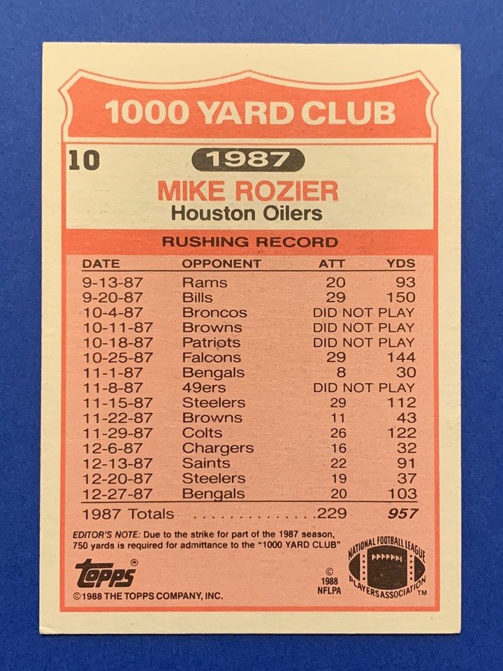 MIKE ROZIER CF HOF Signed 1988 Topps #10 Oilers Nebraska HEISMAN ...