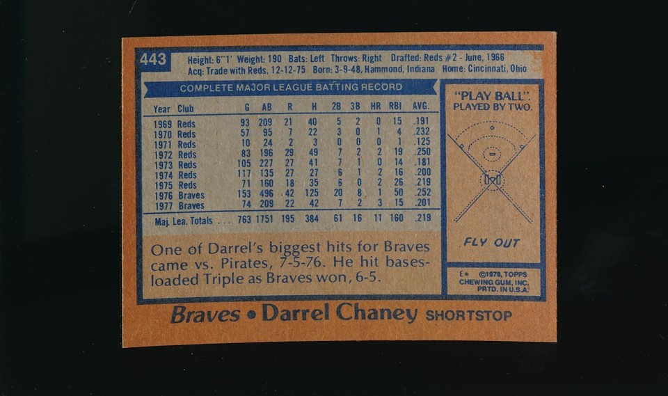 1978 Topps #443 Darrel Chaney * Shortstop * Atlanta Braves * EX-MT/NM ...