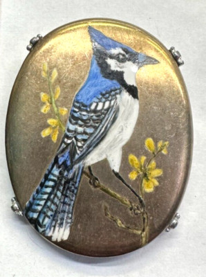 Bird Blue Jay Hand Painted on Porcelain Vintage Pin Brooch Silver J-431 ...