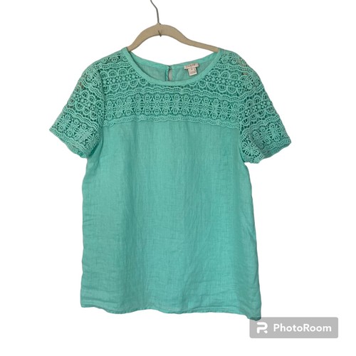 J Crew Womens Linen Blouse Top 4 Mint Green Crocheted Bodice & Sleeves ...