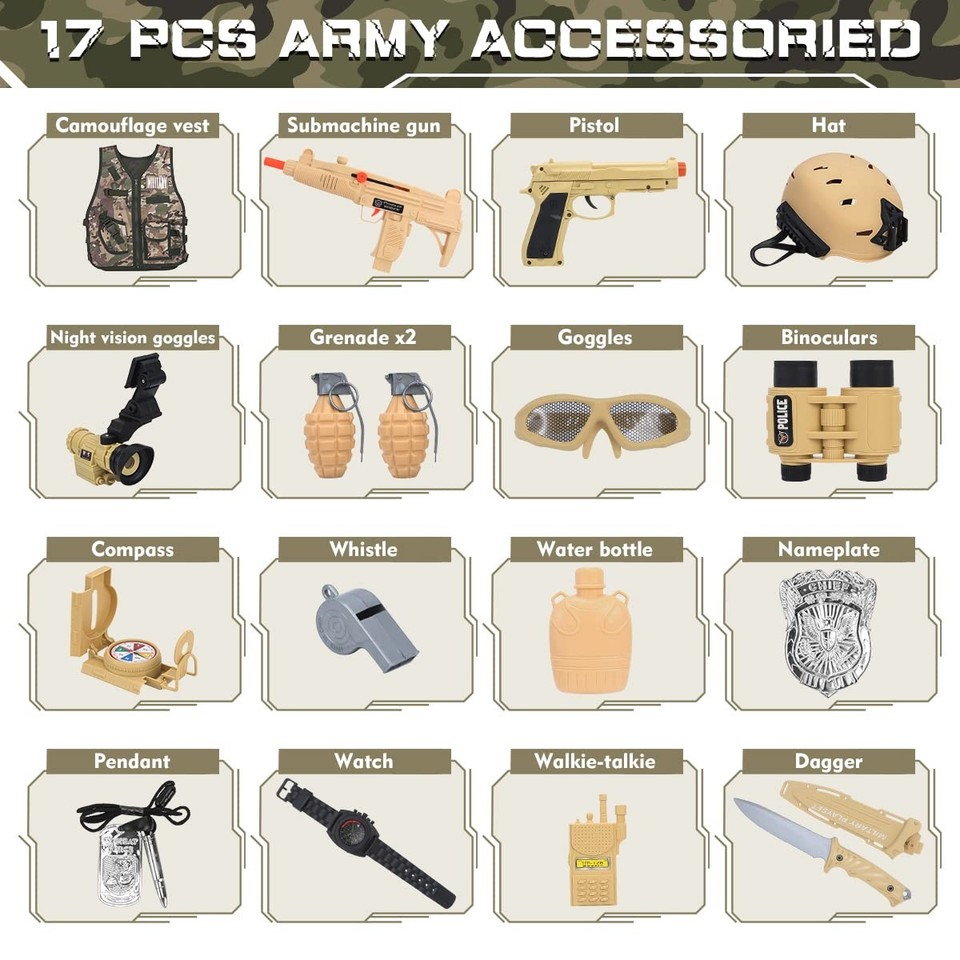 17 PCS Kids Army Costume, Military Soldier Dress up Role Play, Combat ...