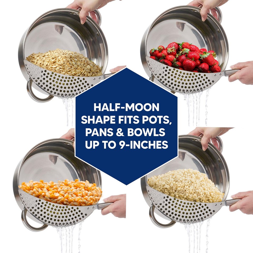 HIC Kitchen Half Moon Pot Strainer, Stainless Steel, Drains Liquids ...