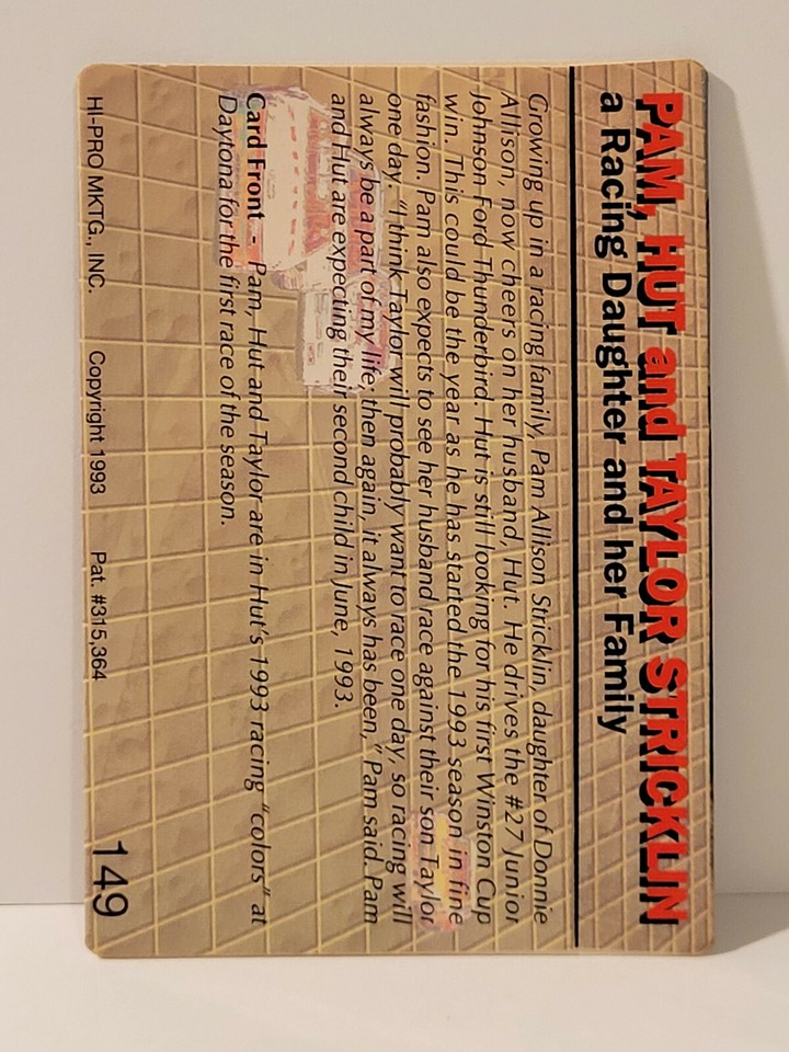 1993 Action Packed Racing #149 HUT STRICKLIN Pam Taylor -Allison Family ...