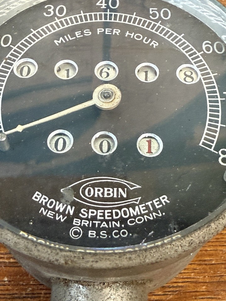 Intact EARLY CORBIN BROWN SPEEDOMETER 80 mph dial spins numbers move ...